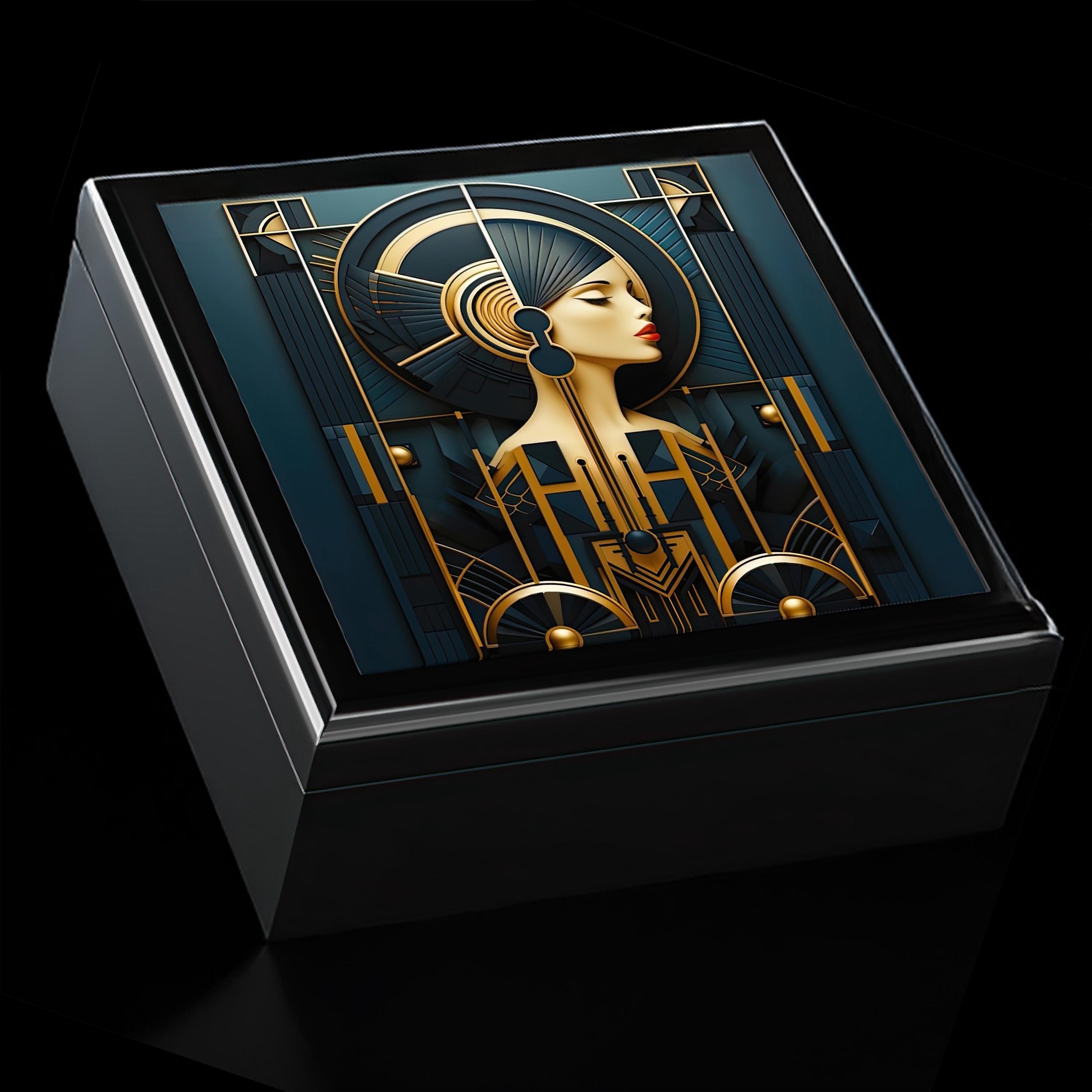 Stylish Art Deco Box Geometric Green Gold Design Wooden Memory Box ...