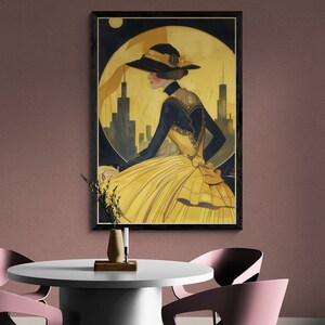 Art Deco Print Illustration Style of 1930s Woman Dressed in Yellow and ...