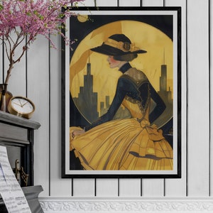 Art Deco Print Illustration Style of 1930s Woman Dressed in Yellow and ...