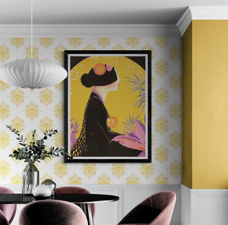 Traditional Art Deco Illustration of Woman Profile , Black and Yellow ...