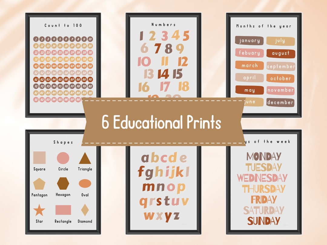 Set of 6 Educational Posters Set for Playroom in Boho Colours ...