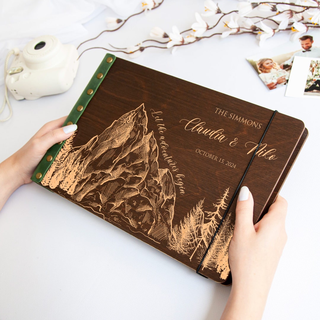 Mountain Photo Album Engagement Photo Book for Couple Rustic Wooden ...