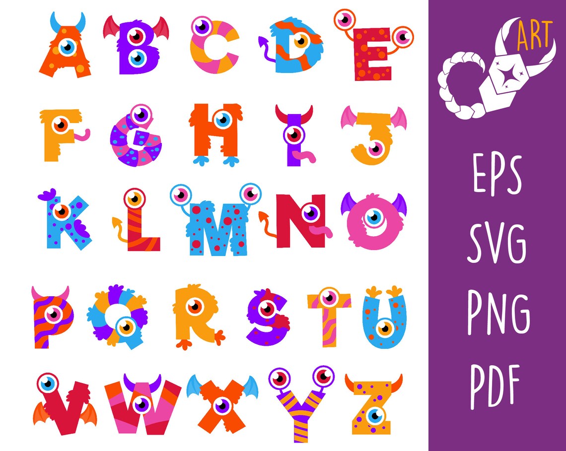 Digital Monster Alphabet Clipart, Birthday, Kids Room, Monster Alphabet ...