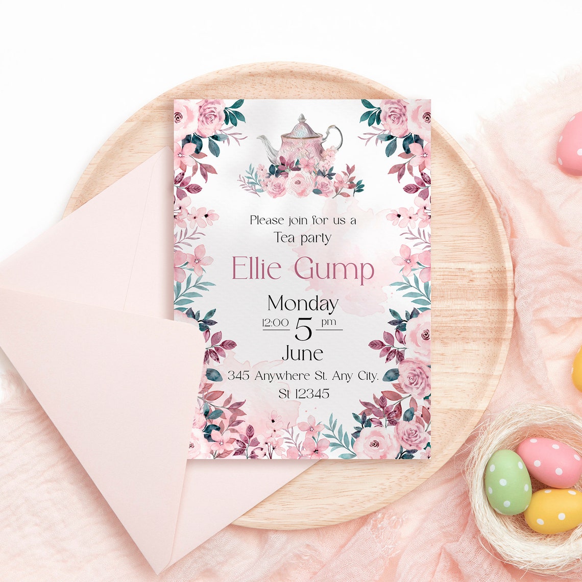 EDITABLE Tea Party Birthday Invitation, Tea Party, Pink Watercolor, Let ...