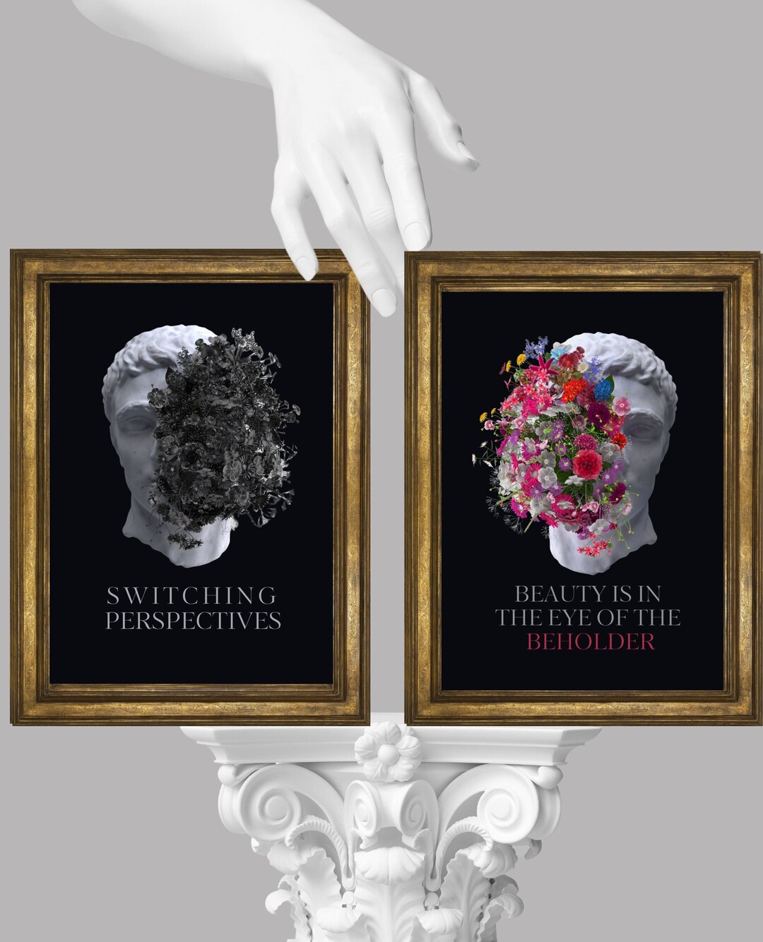 POSTER SET, 2 Posters With Male Stature With Flowers, Colored and ...