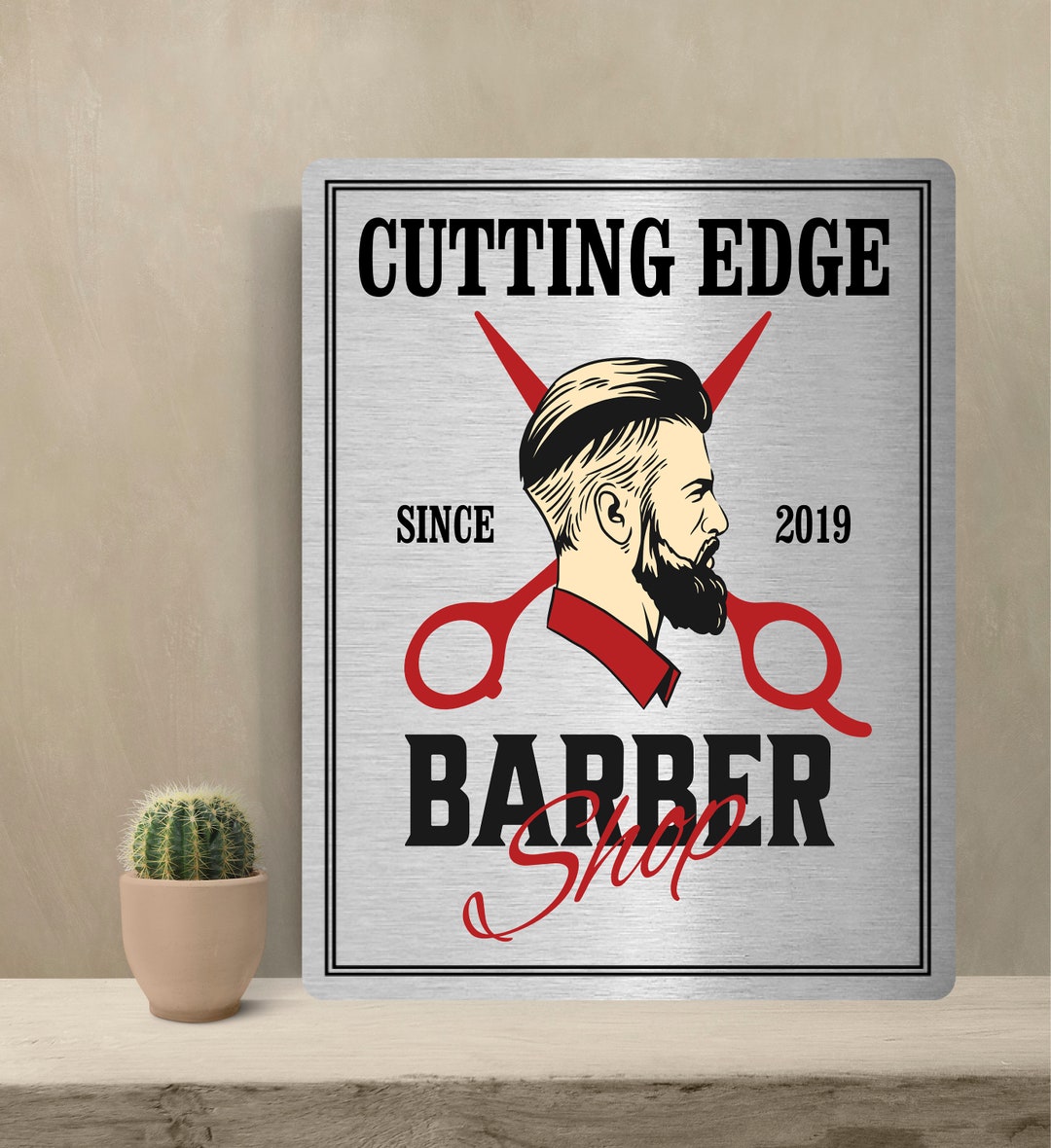 Personalised Metal Sign Plaque Barbers Shop Brushed Grained Silver or ...