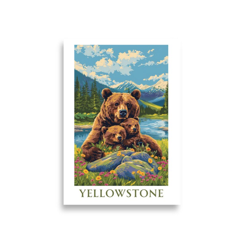 Cute Yellowstone Bears Poster Mother Bear With Baby Bears Wildlife ...