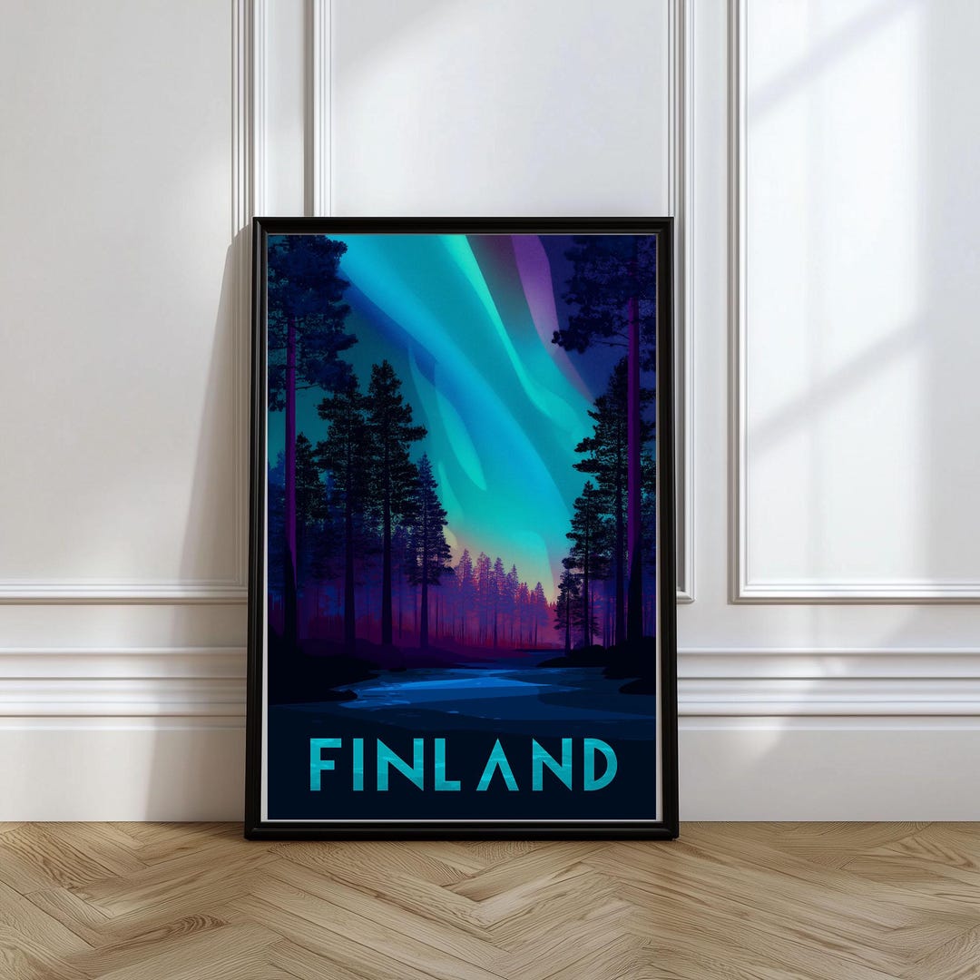 Finland Poster With Northern Lights Finland Travel Poster With Aurora ...