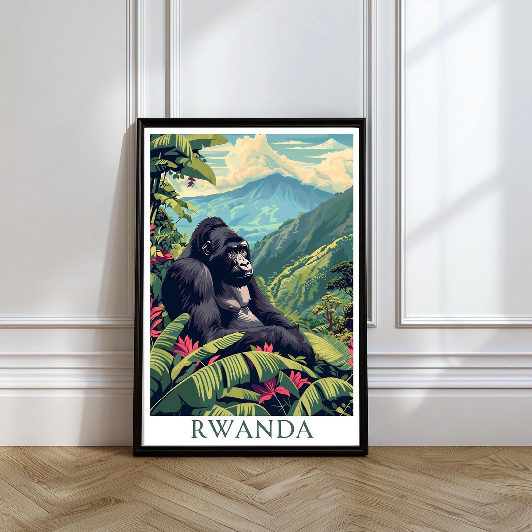 Rwanda Travel Poster With Mountain Gorilla Wall Art Gorilla Lovers Gift ...