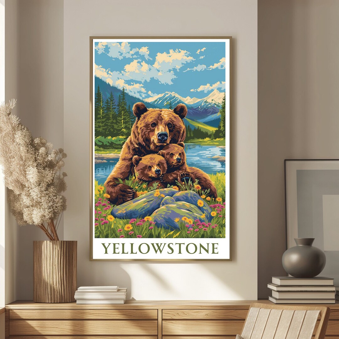 Cute Yellowstone Bears Poster Mother Bear With Baby Bears Wildlife ...