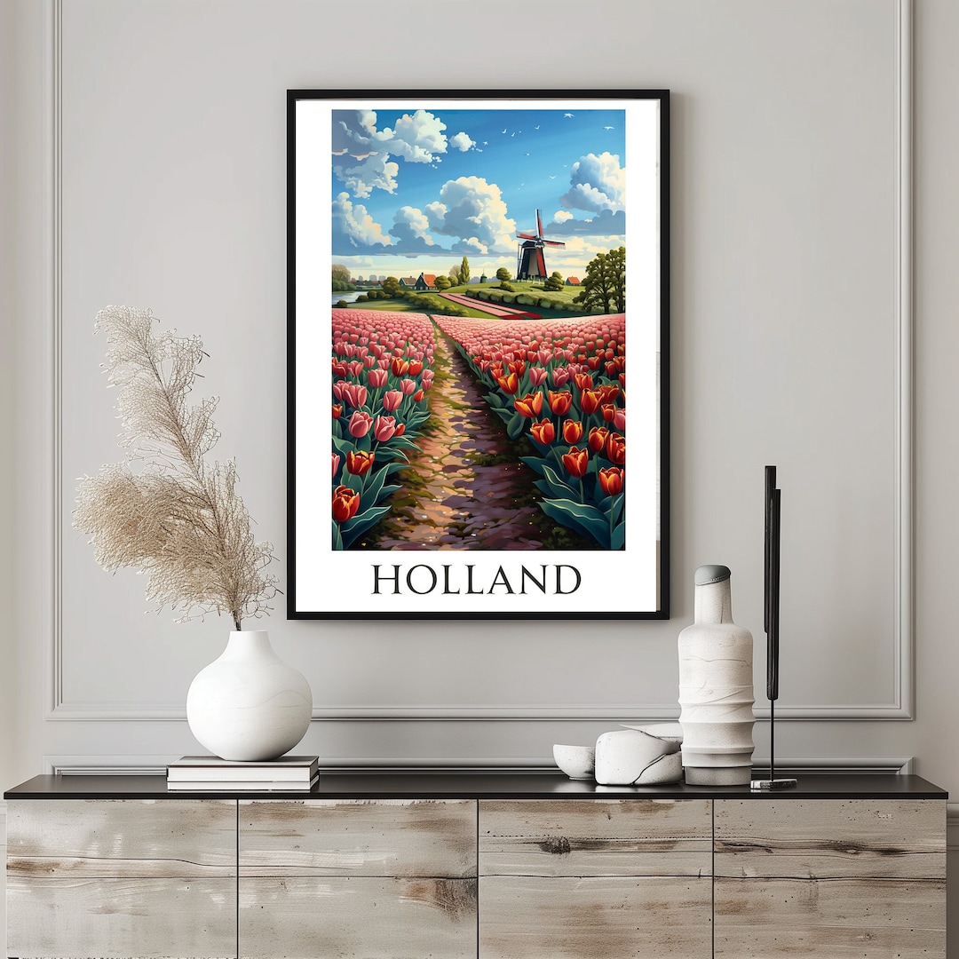Holland Poster of Tulip Fields Wall Art With Windmills Travel Posterof ...