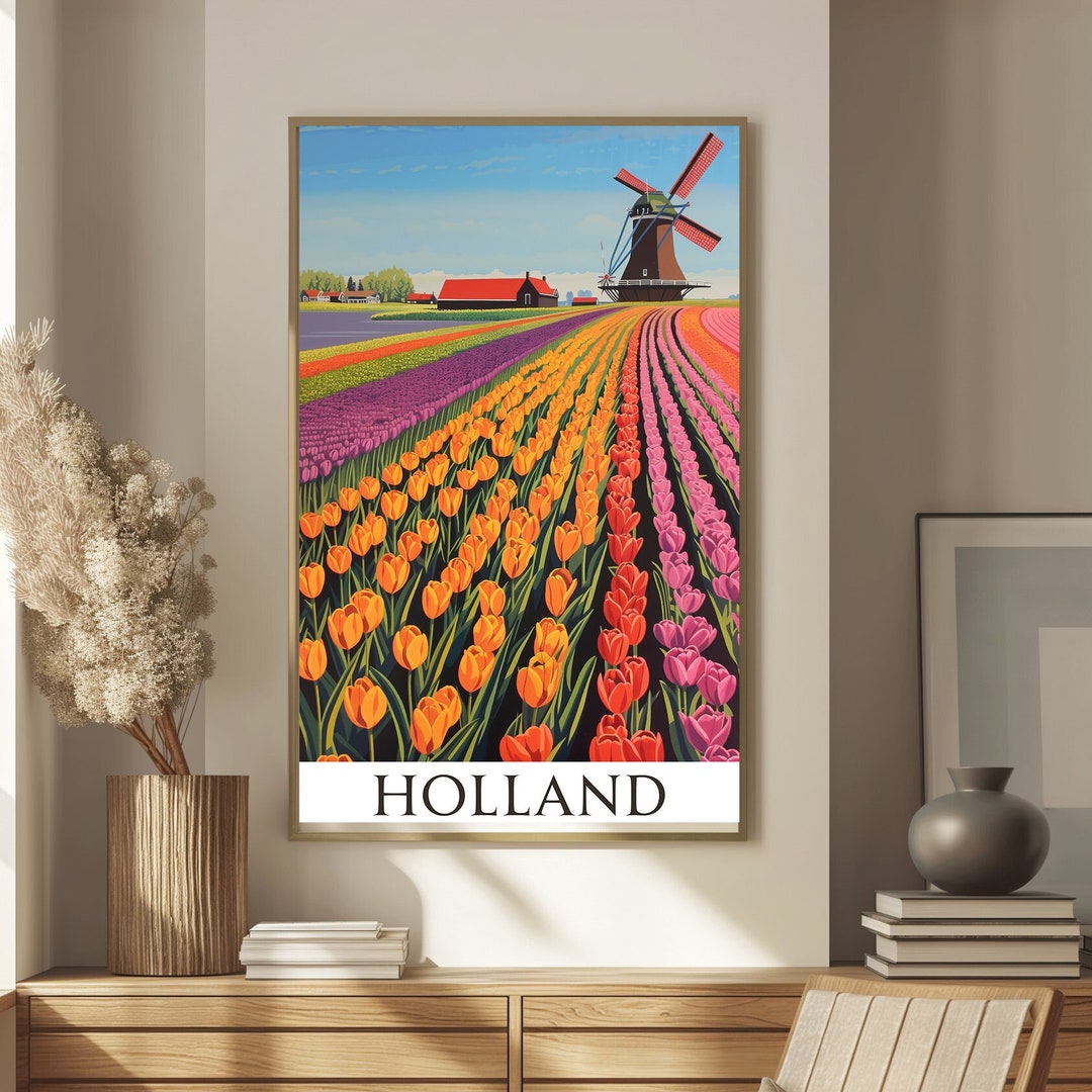 Holland Poster of Tulip Fields Wall Art With Windmills Travel Posterof ...