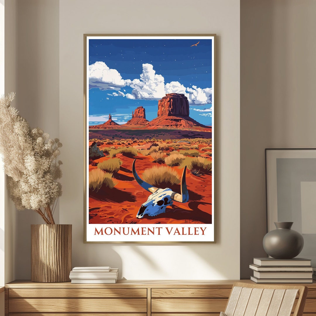 Monument Valley Travel Poster of Landscape and Cattle Skull in Monument ...