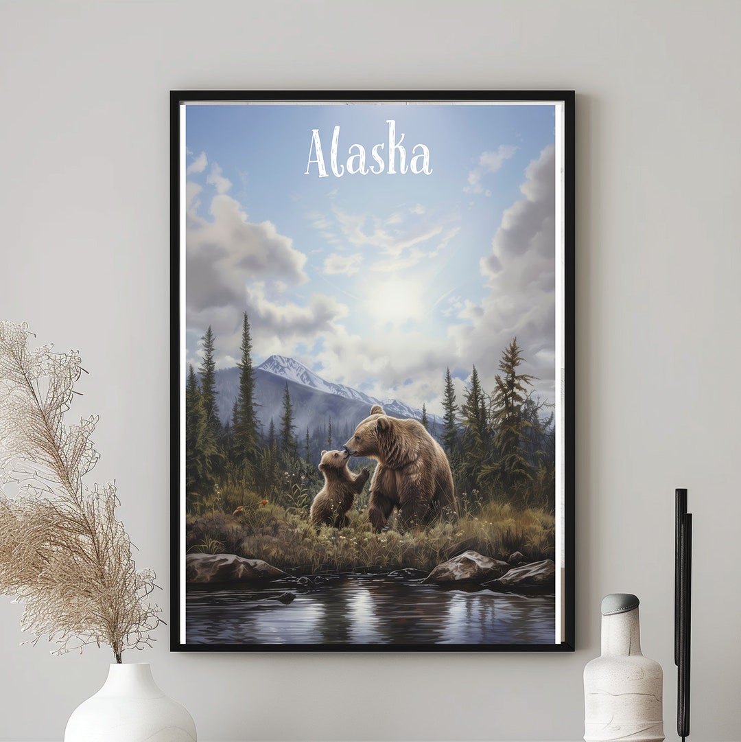 Alaska Illustration Travel Poster of Mama Bear With Baby Bear Wall Art ...