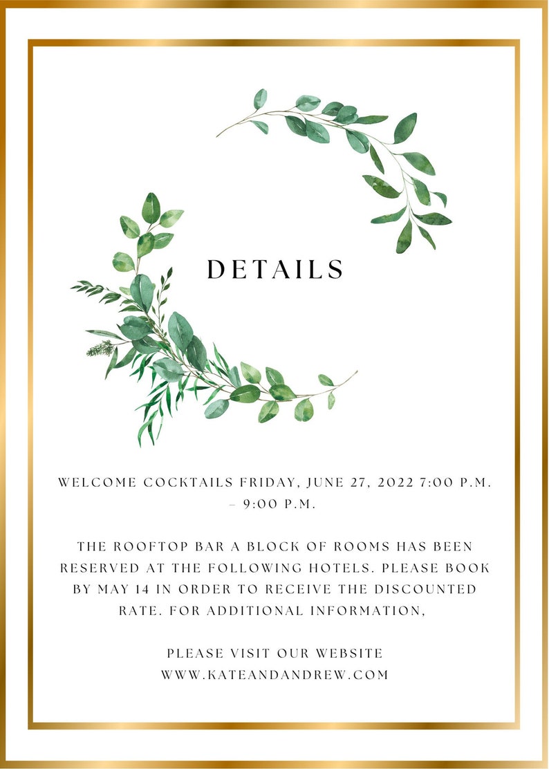 Lux Uniform Gold greenery Wedding Details Template, Modern, Printable ...
