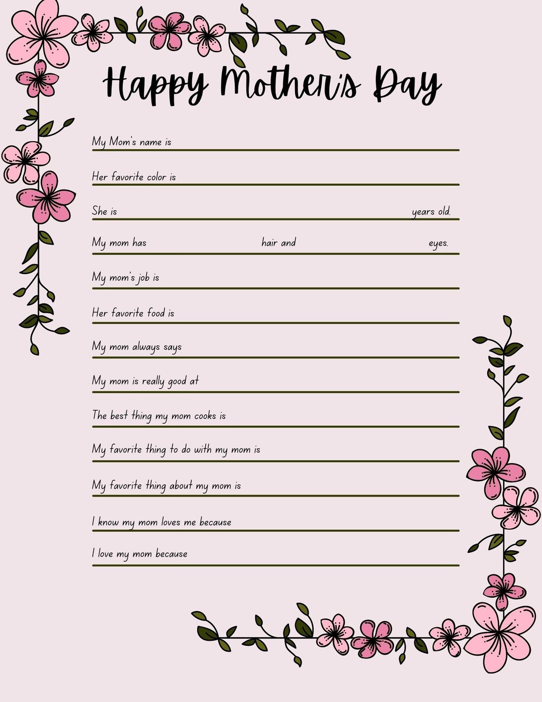 Printable Mother's Day Questionnaire A Heartfelt Gift From the Kids for ...
