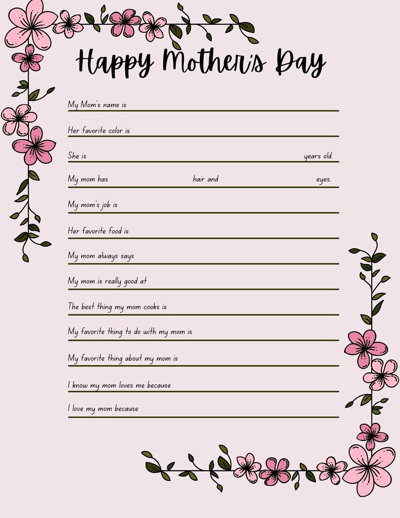 Printable Mother's Day Questionnaire A Heartfelt Gift From the Kids for ...