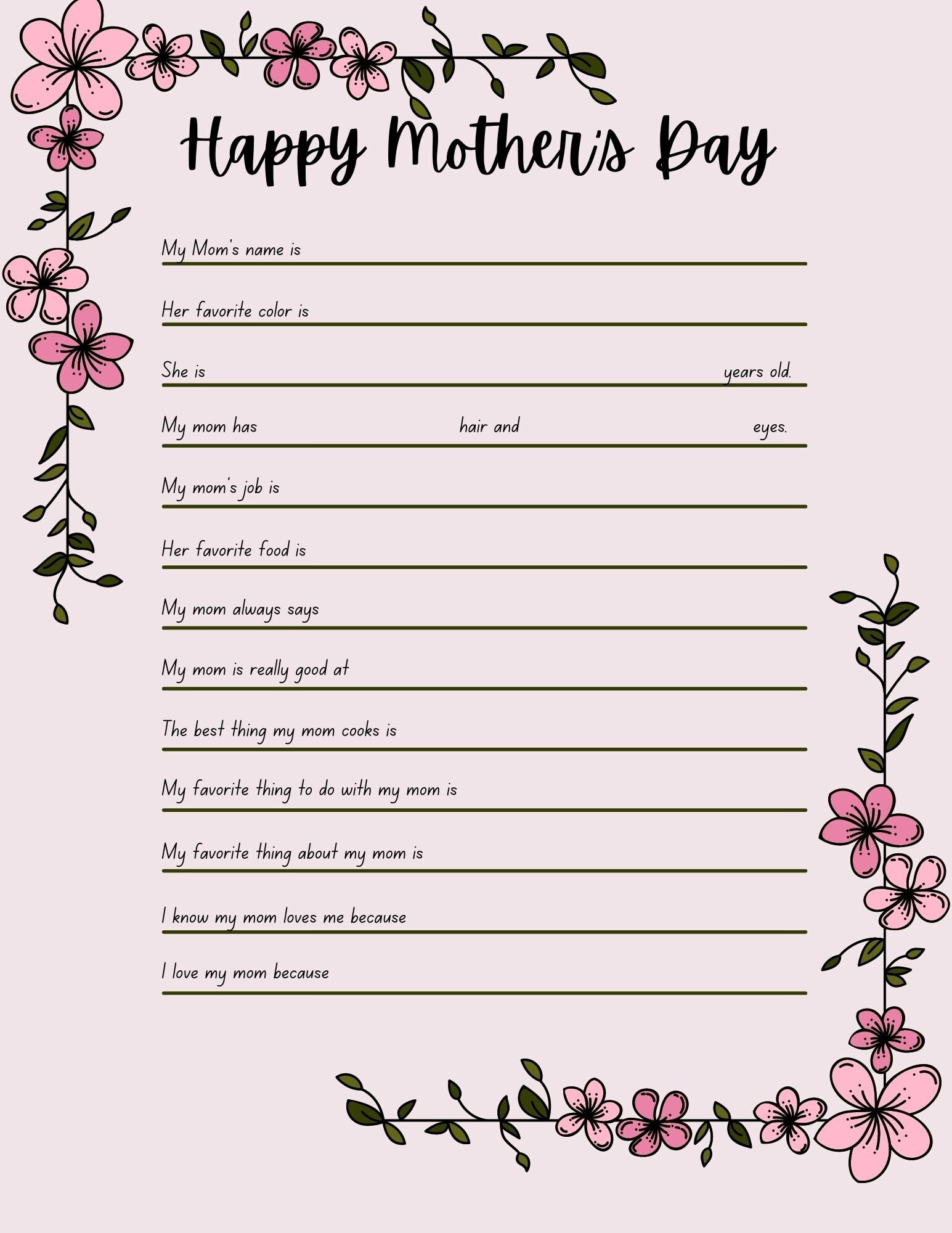 Printable Mother's Day Questionnaire A Heartfelt Gift From the Kids for ...