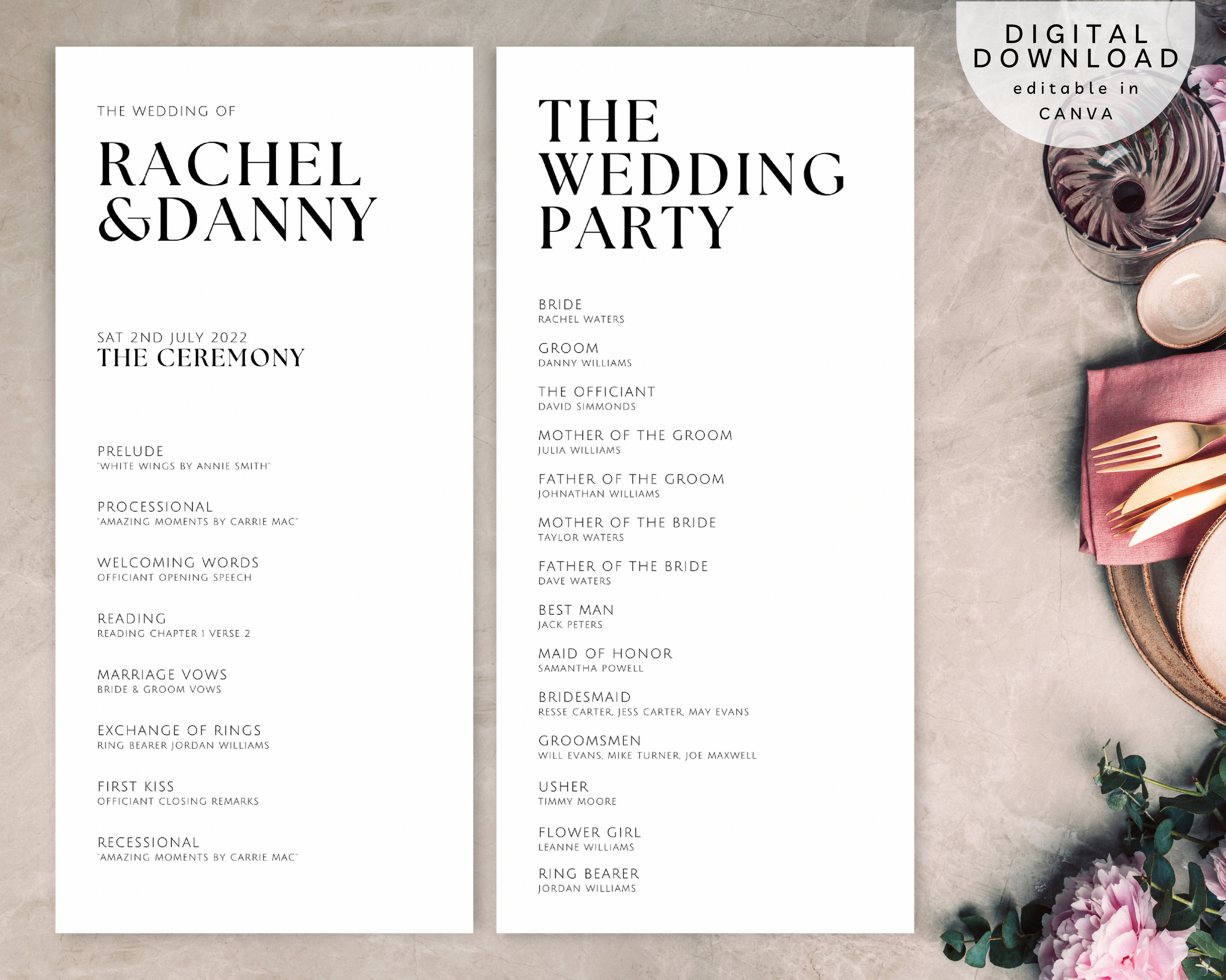 Editable Wedding Order of Service, Wedding Programme, Wedding Ceremony ...