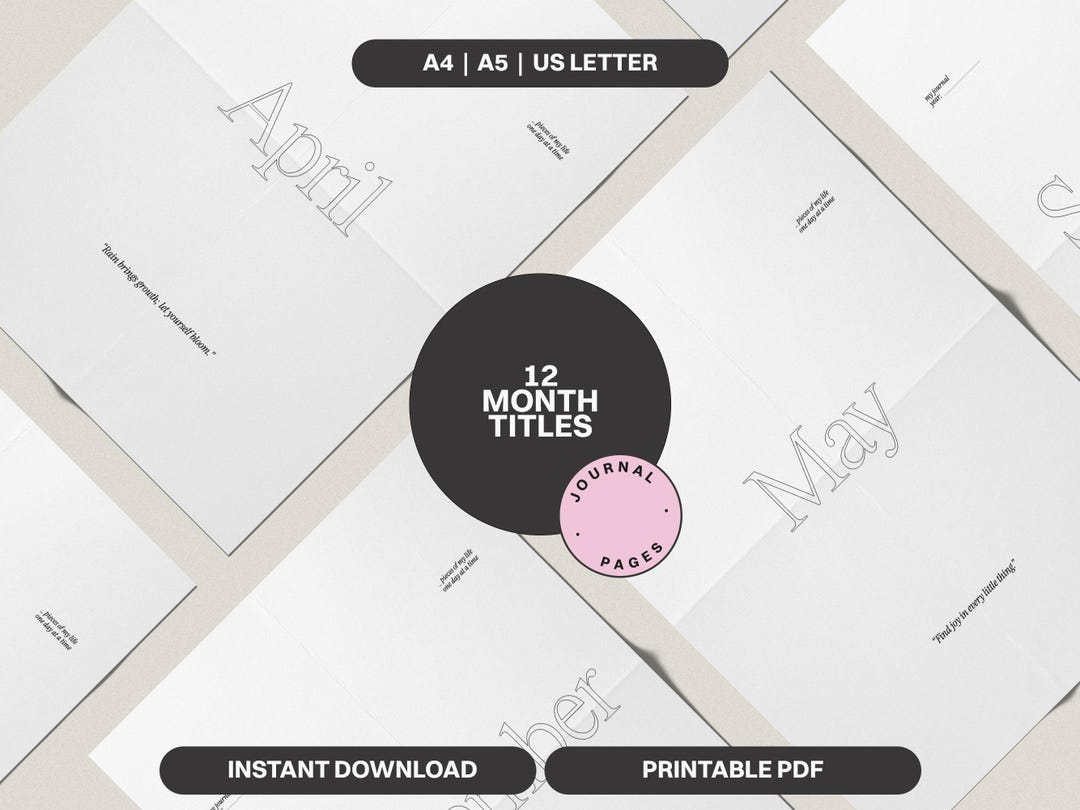 12 Month Titles Printable Journal Covers A4, A5, Letter Monthly Planner ...