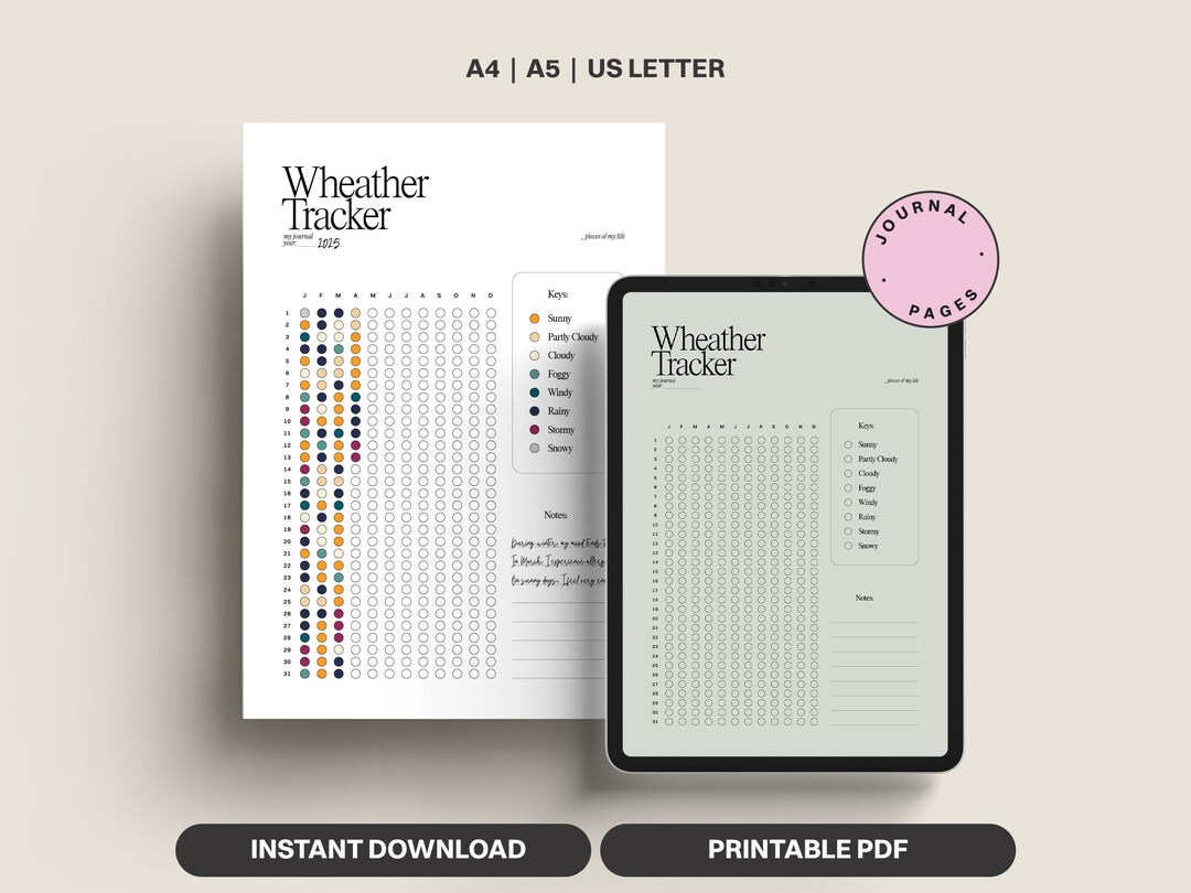 Weather Tracker Printable Journal Page Digital Planner A4, A5, Letter ...