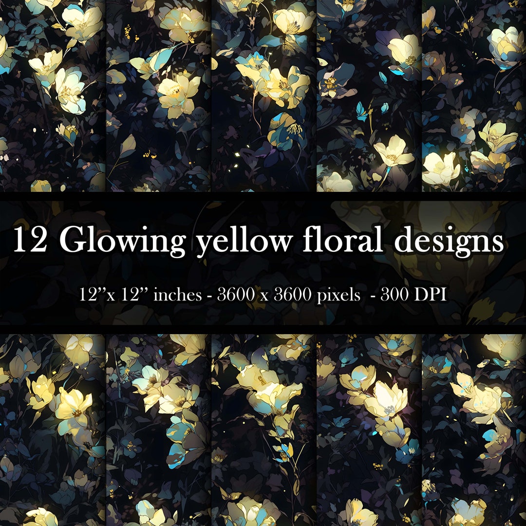 Seamless 12 Glowing Yellow Floral Designs, Digital Prints, Background ...