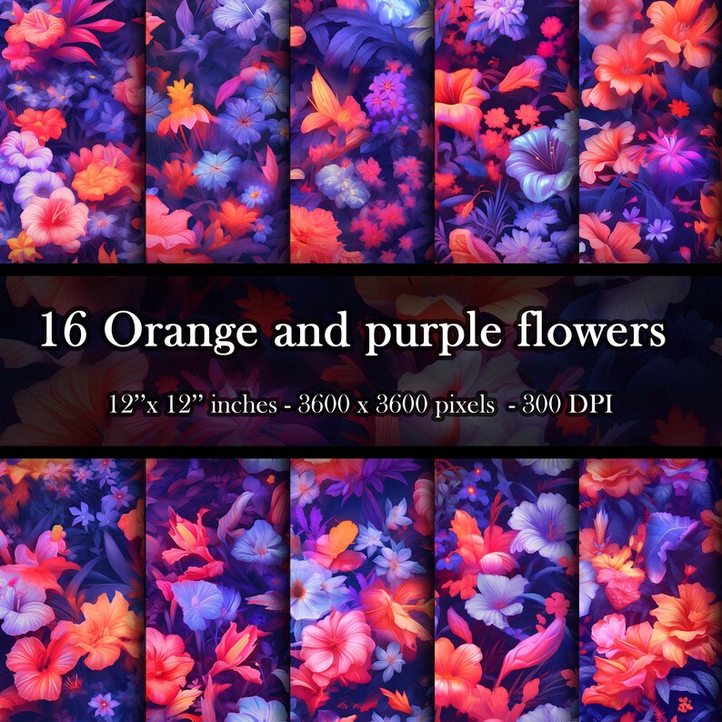 Seamless 16 Orange and Purple Designs, Digital Backgrounds, Floral ...