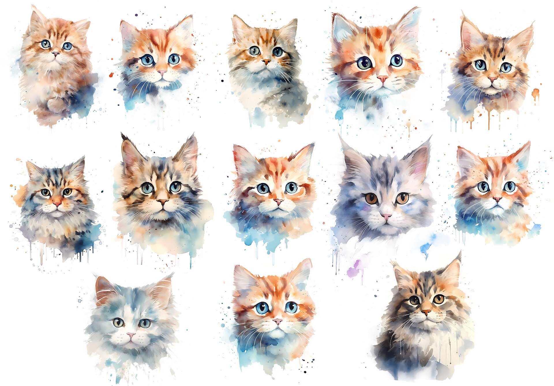 14 Cute Cat Clipart Watercolor Designs , PNG, SVG, Transparent, Digital ...