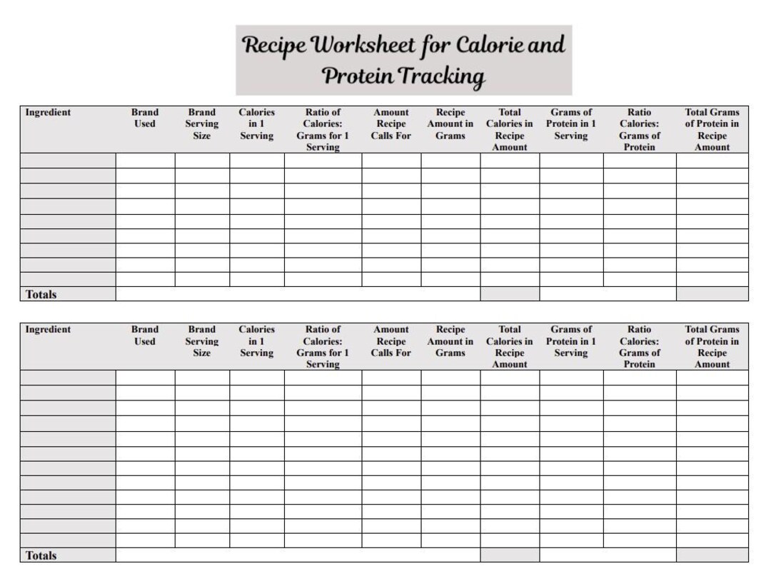 Recipe Worksheet for Calorie and Protein Tracking - Etsy