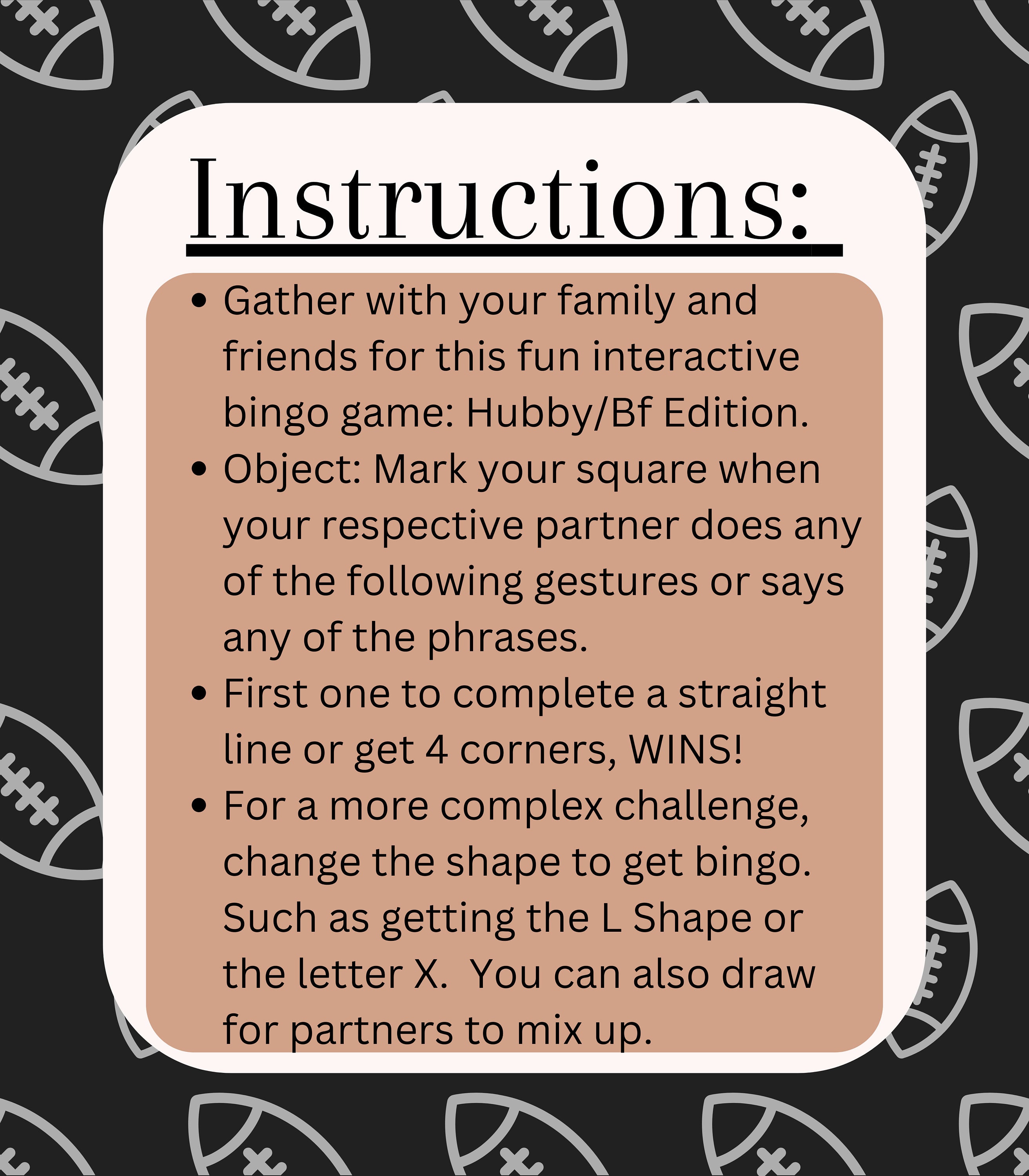 Interactive Football Bingo - Husband/boyfriend Edition With Bonus Play ...