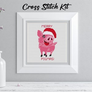 Merry Pigmas Cross Stitch Kit: Funny Christmas Pig Embroidery. Modern ...