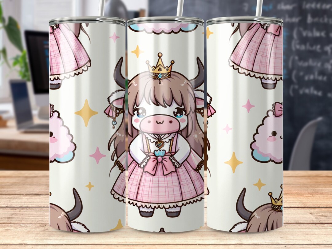 Cute Princess Cow Digital Tumbler Design, 20oz Skinny Wrap, Kawaii Farm ...