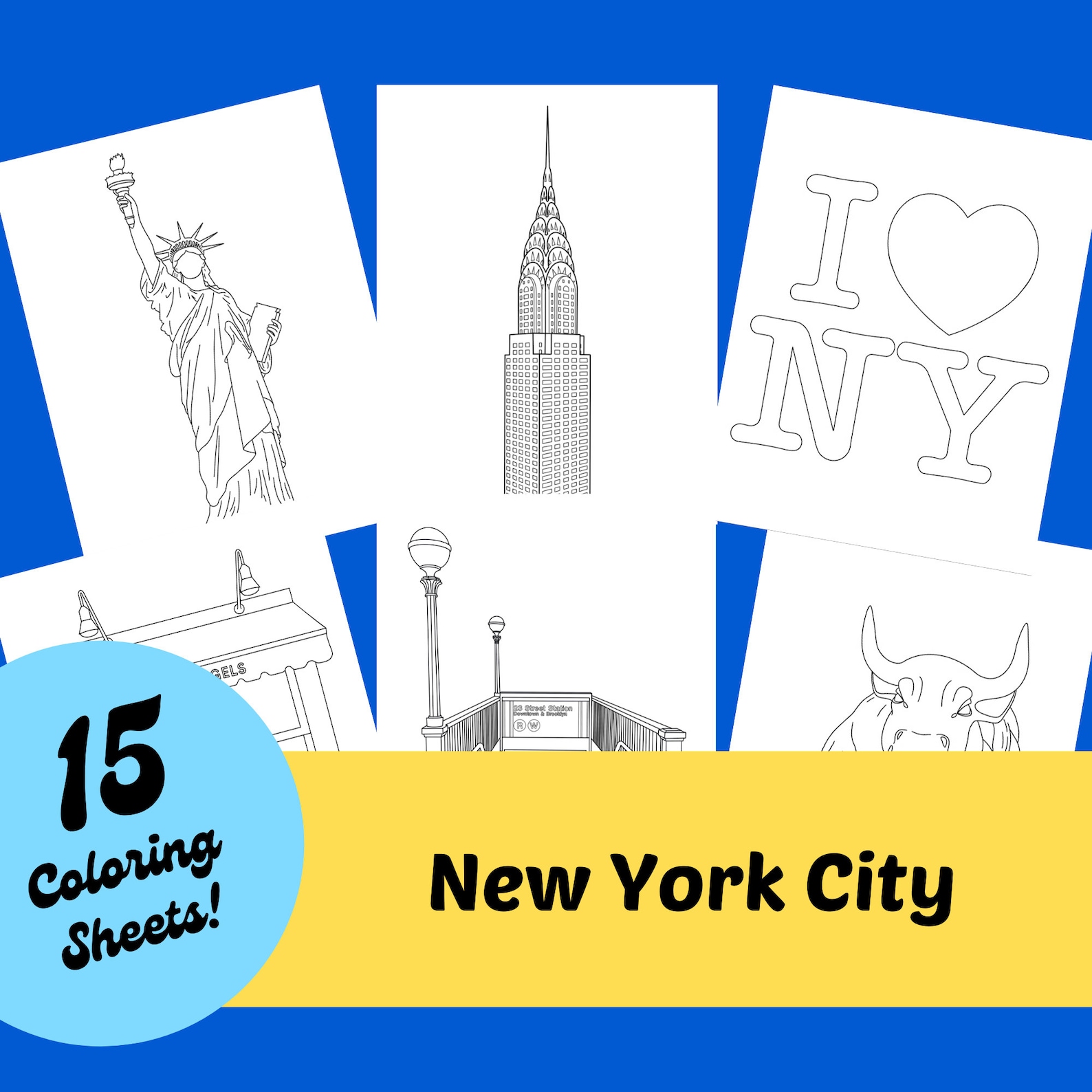 15 New York City Coloring Pages, NYC Icons & Landmarks Premium ...