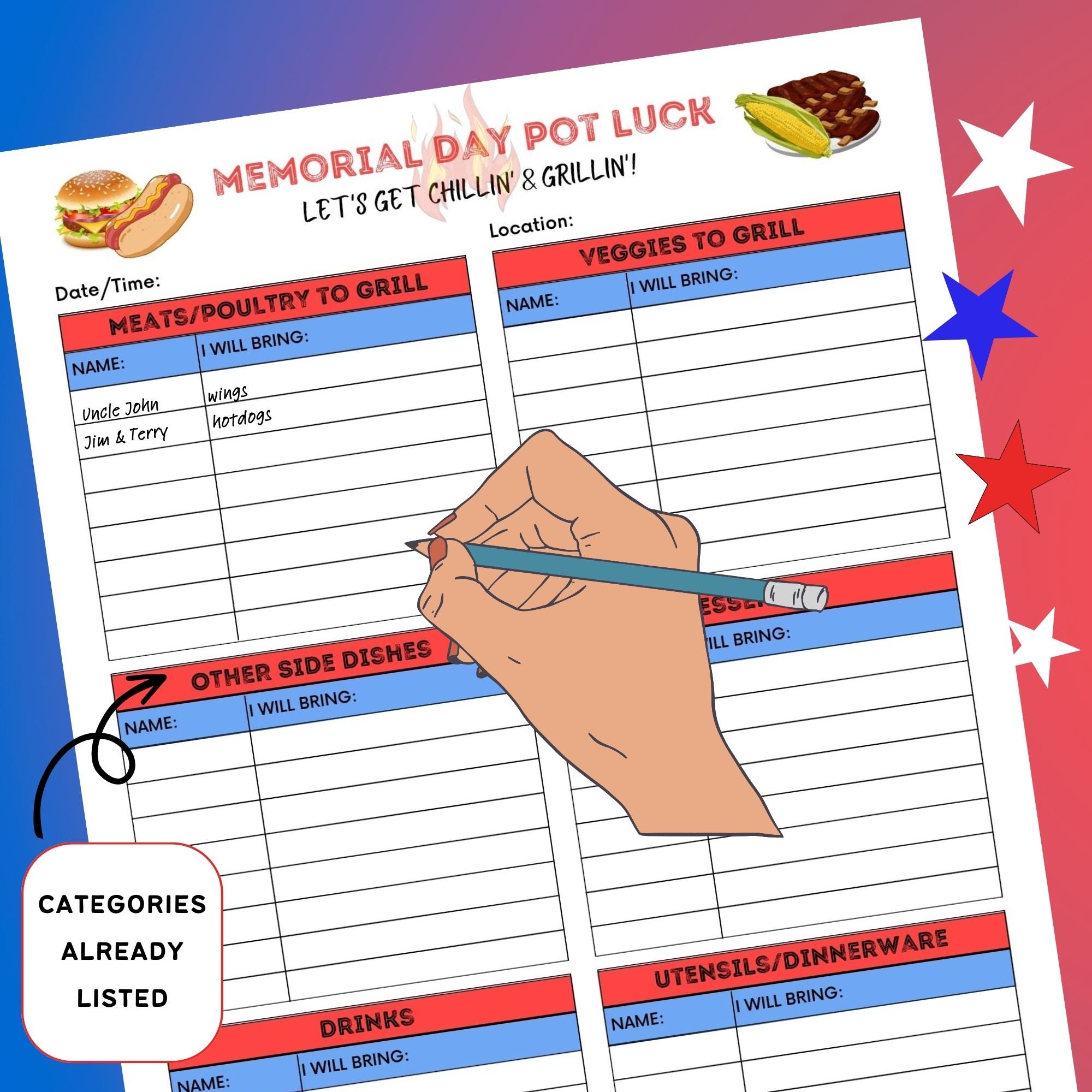 Memorial Day Printable Potluck Sign up Sheets, Holiday Potluck - Etsy