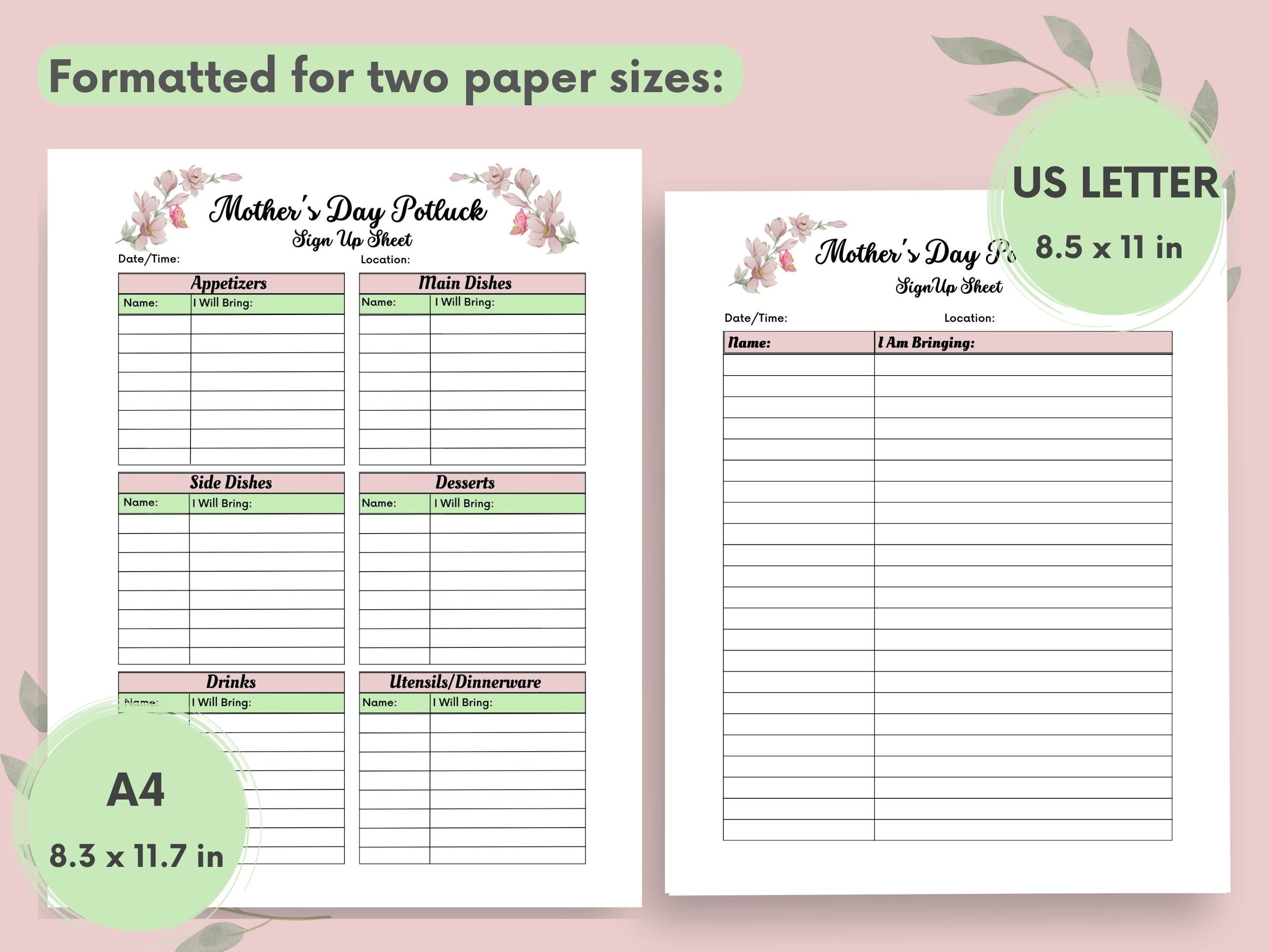 Mother's Day Potluck Sign up Sheet Potluck Printable - Etsy