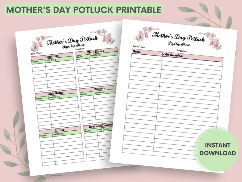 Mother's Day Potluck Sign up Sheet Potluck Printable - Etsy