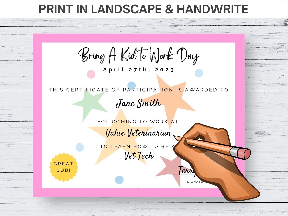 Bring A Kid to Work Day Certificate | Take Your Kid to Work Day ...