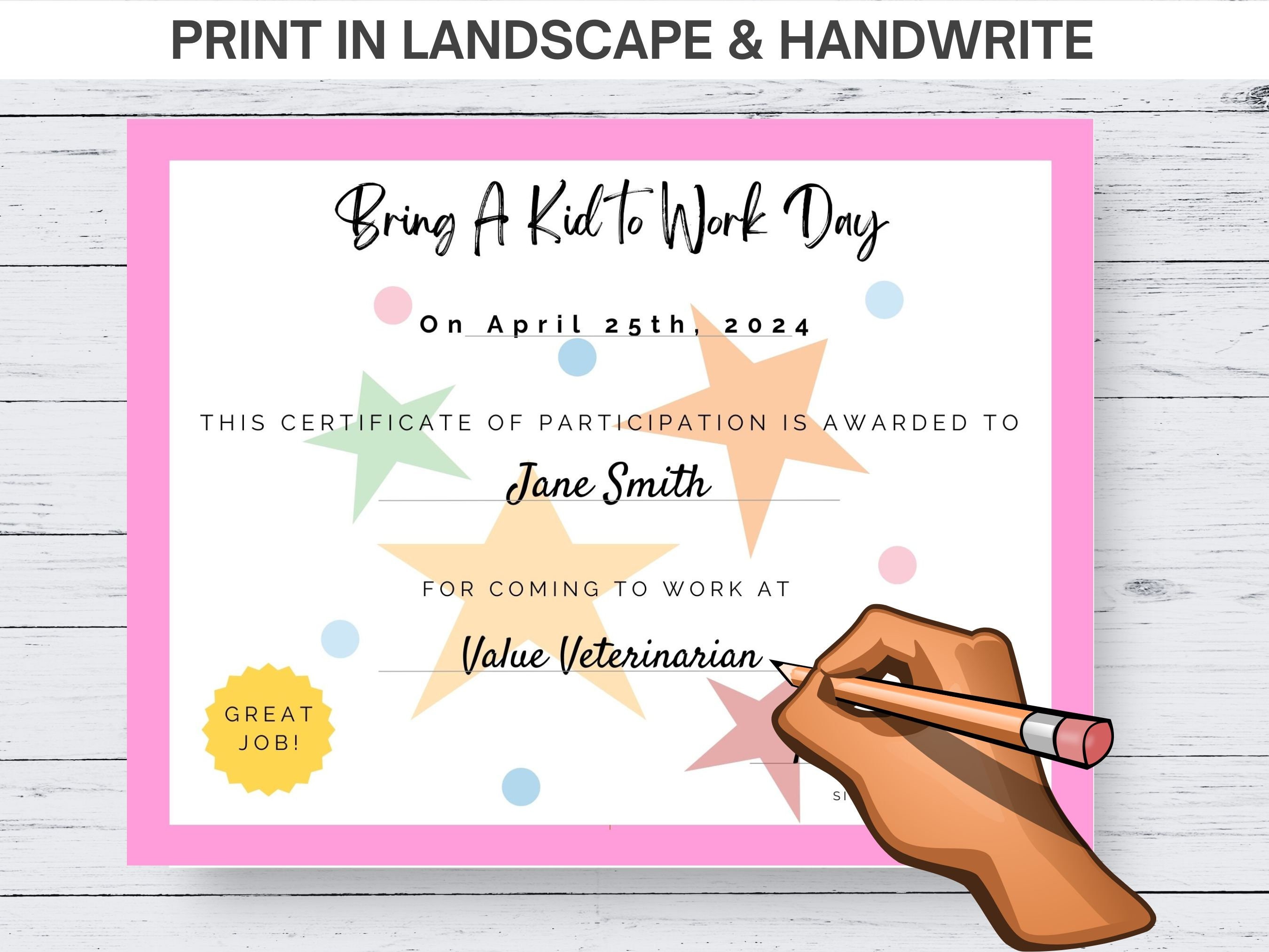 NEW Bring A Kid to Work Day Certificate | Take Your Kid to Work Day ...