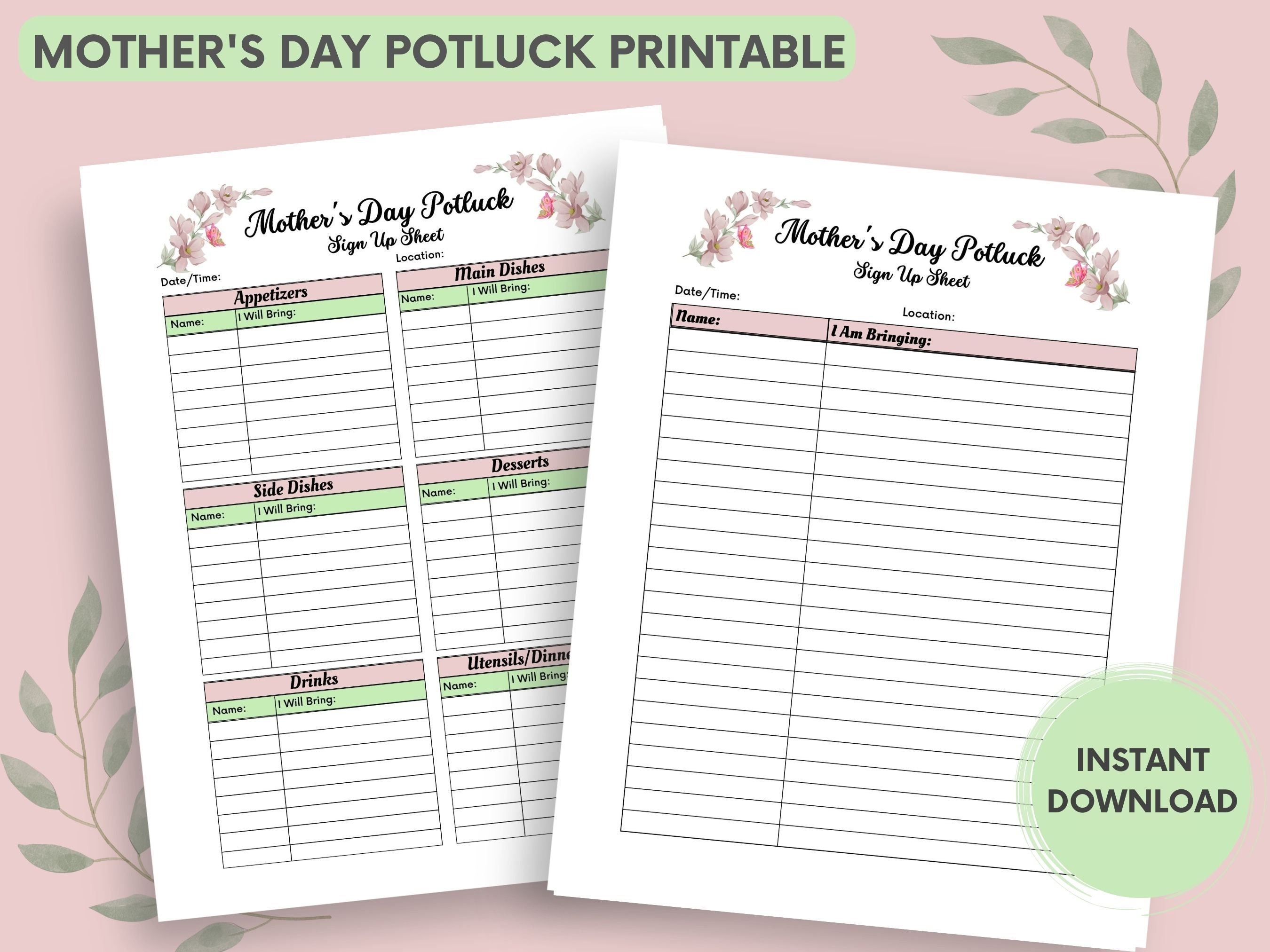 Mother's Day Potluck Sign up Sheet | Potluck Printable | Family Potluck ...