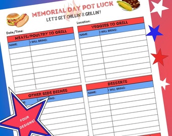 Memorial Day Printable Potluck Sign-up Sheet, BBQ, 8.5x11 Fillable PDF ...