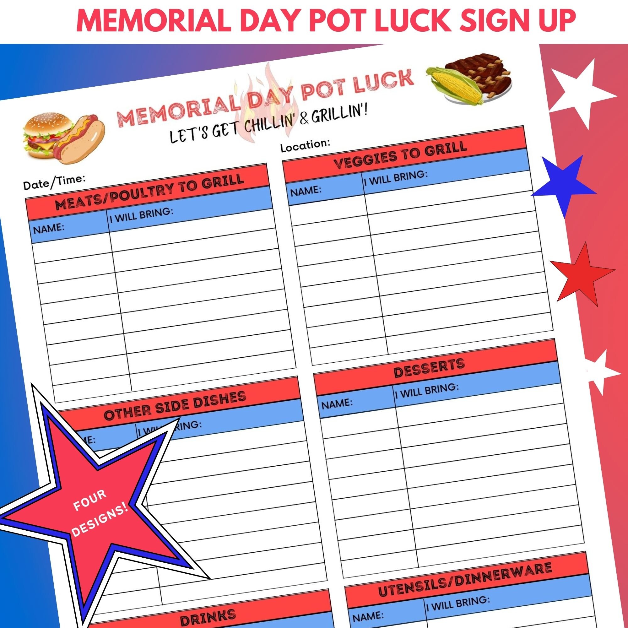 Memorial Day Printable Potluck Sign up Sheets, Holiday Potluck - Etsy