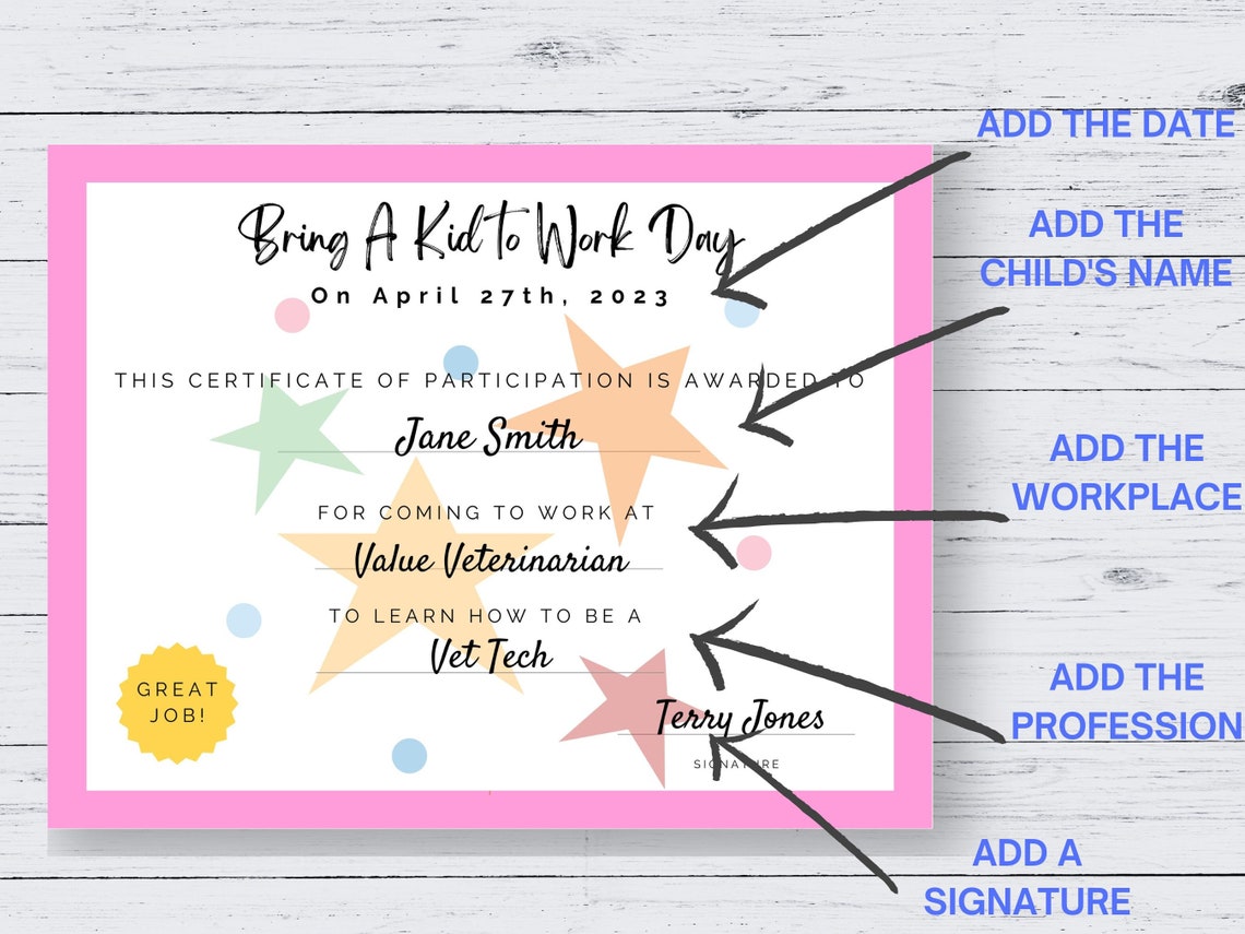 Bring A Kid to Work Day Certificate | Take Your Kid to Work Day ...