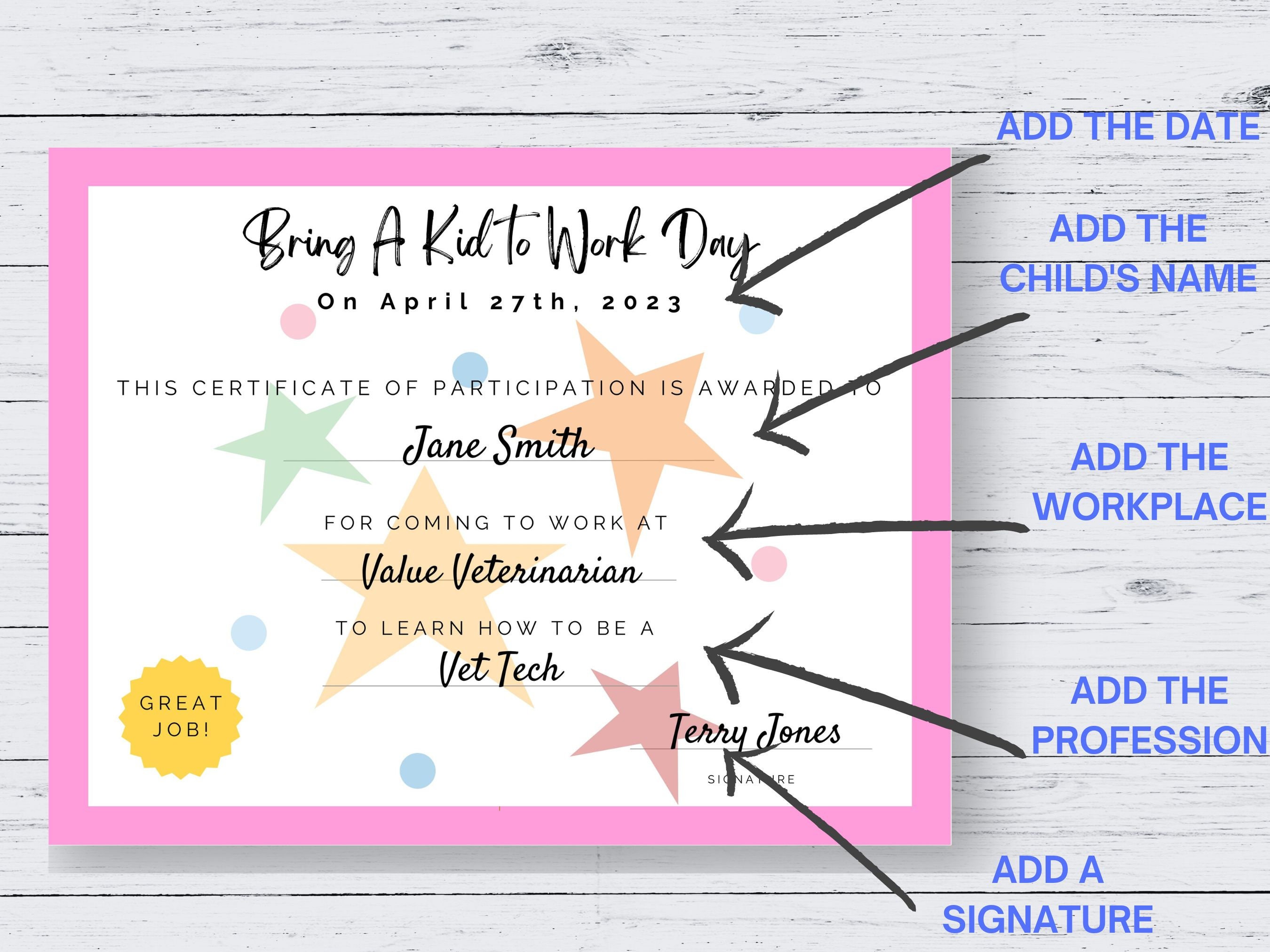 Bring A Kid to Work Day Certificate | Take Your Kid to Work Day ...
