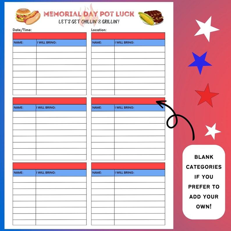 Memorial Day Printable Potluck Sign up Sheets, Holiday Potluck - Etsy