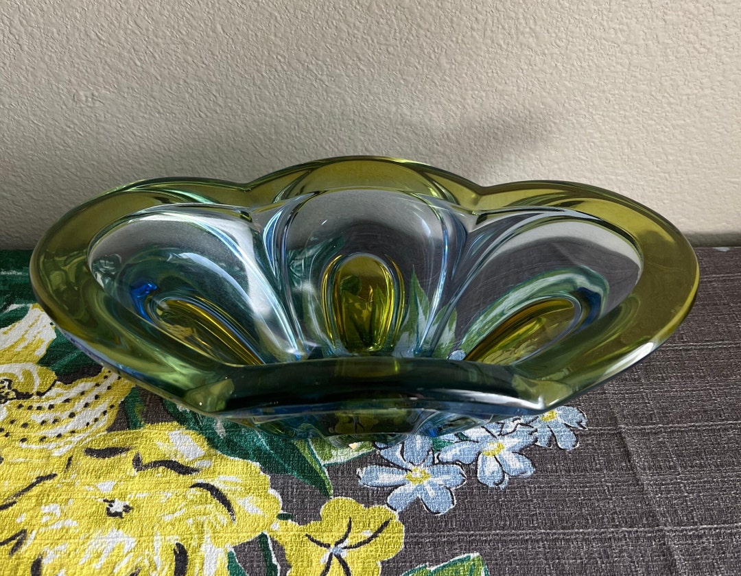 Vintage Studio Glass Bowl Heavy Green Blue - Etsy
