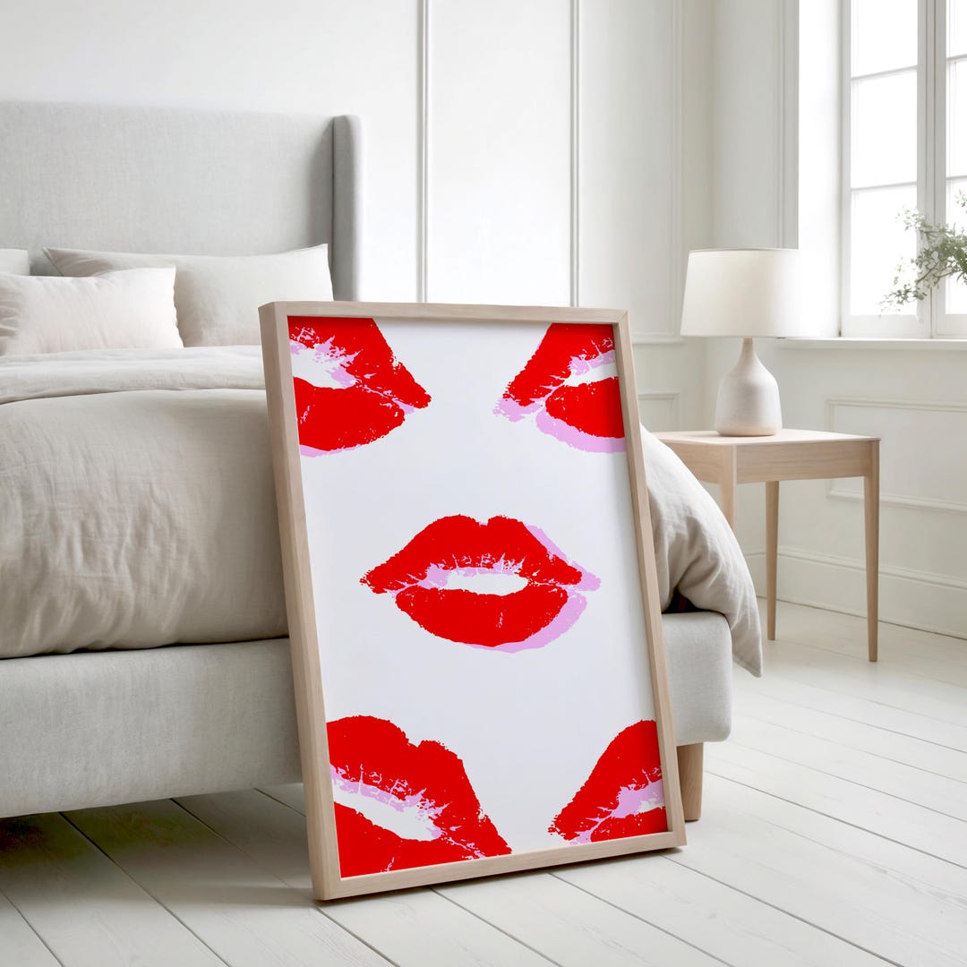 Red Lips Printable Wall Art, Retro Style Kiss Lips Print, Love Poster ...