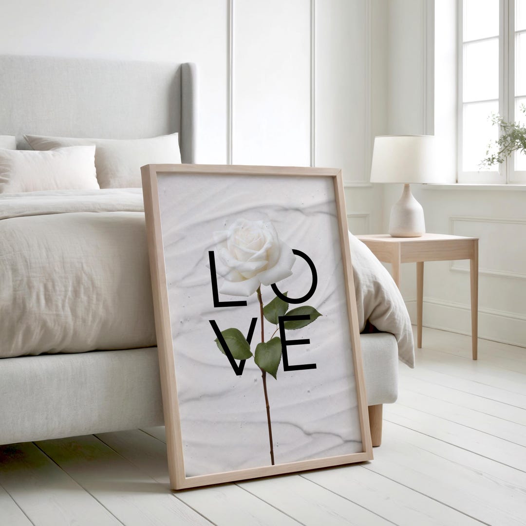 Póster imprimible con tipografía de amor y rosa blanca, decoración ...
