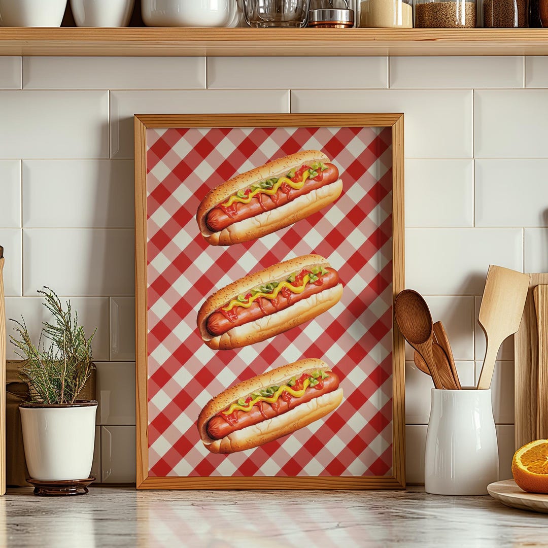 Hot Dog With Mustard Kitchen Wall Art Print, Retro Food Poster, Hot Dog ...