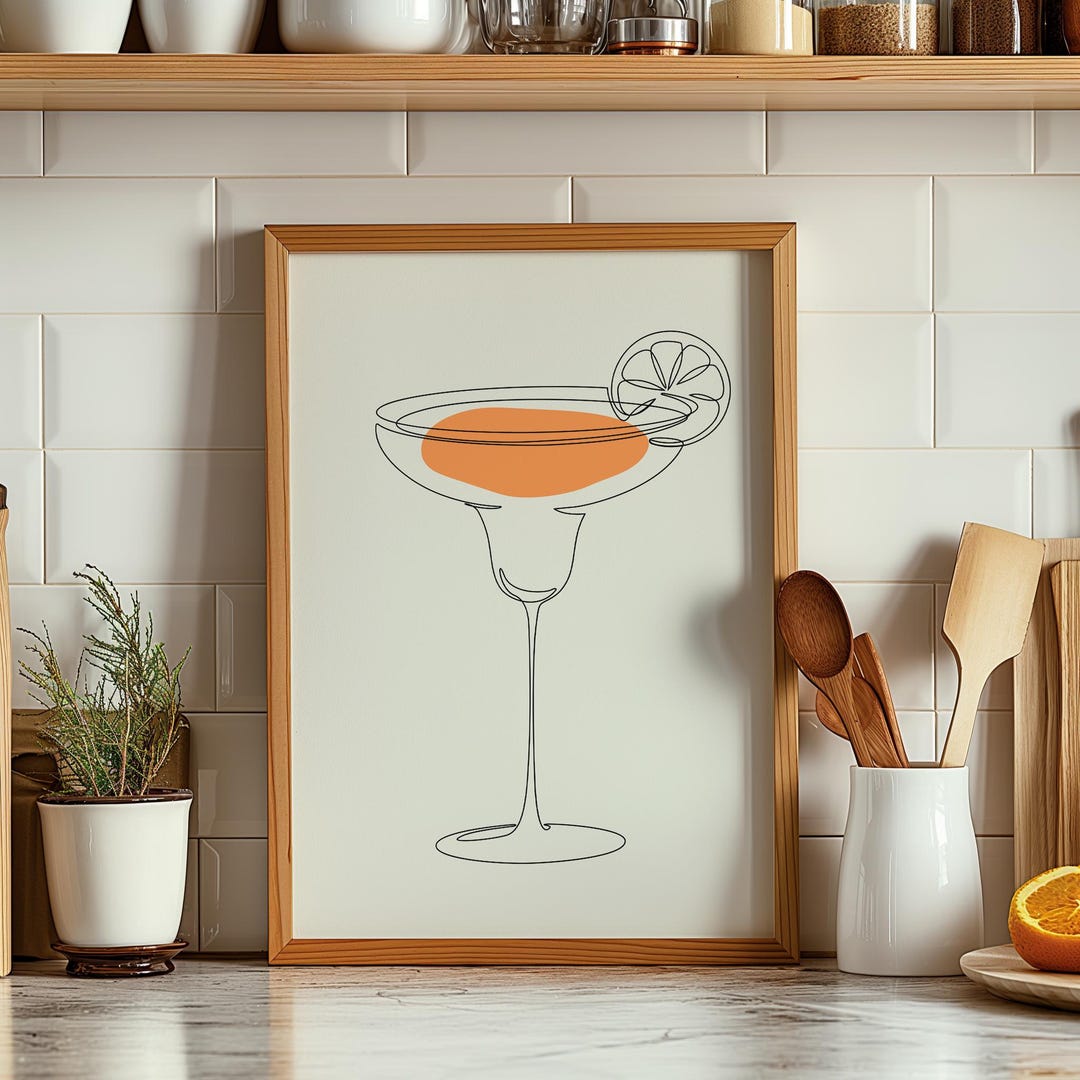 Orange Cocktail Line Art Printable Poster, Retro Bar Cart Art, Kitchen ...