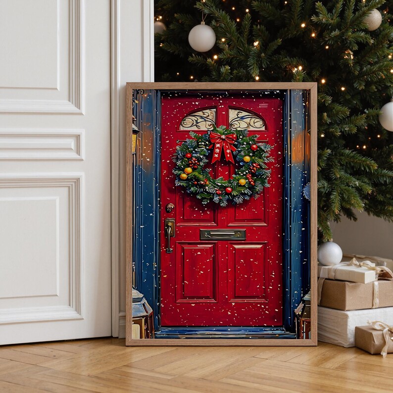 Red Front Door With Wreath Print, Christmas Door Wallart, Holiday Home ...